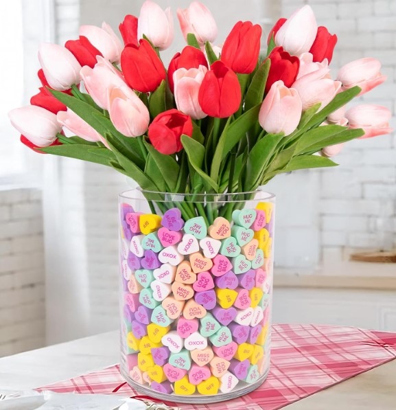 Valentines Day Realistic Tulips with Conversation Hearts Vase Filler ...